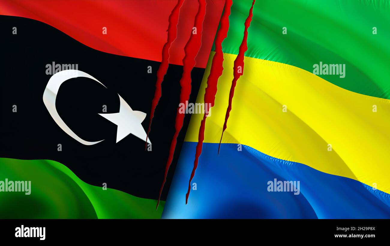 Libya and Gabon flags with scar concept. Waving flag,3D rendering ...