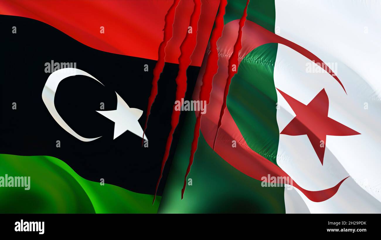 Libya and Algeria flags with scar concept. Waving flag,3D rendering ...