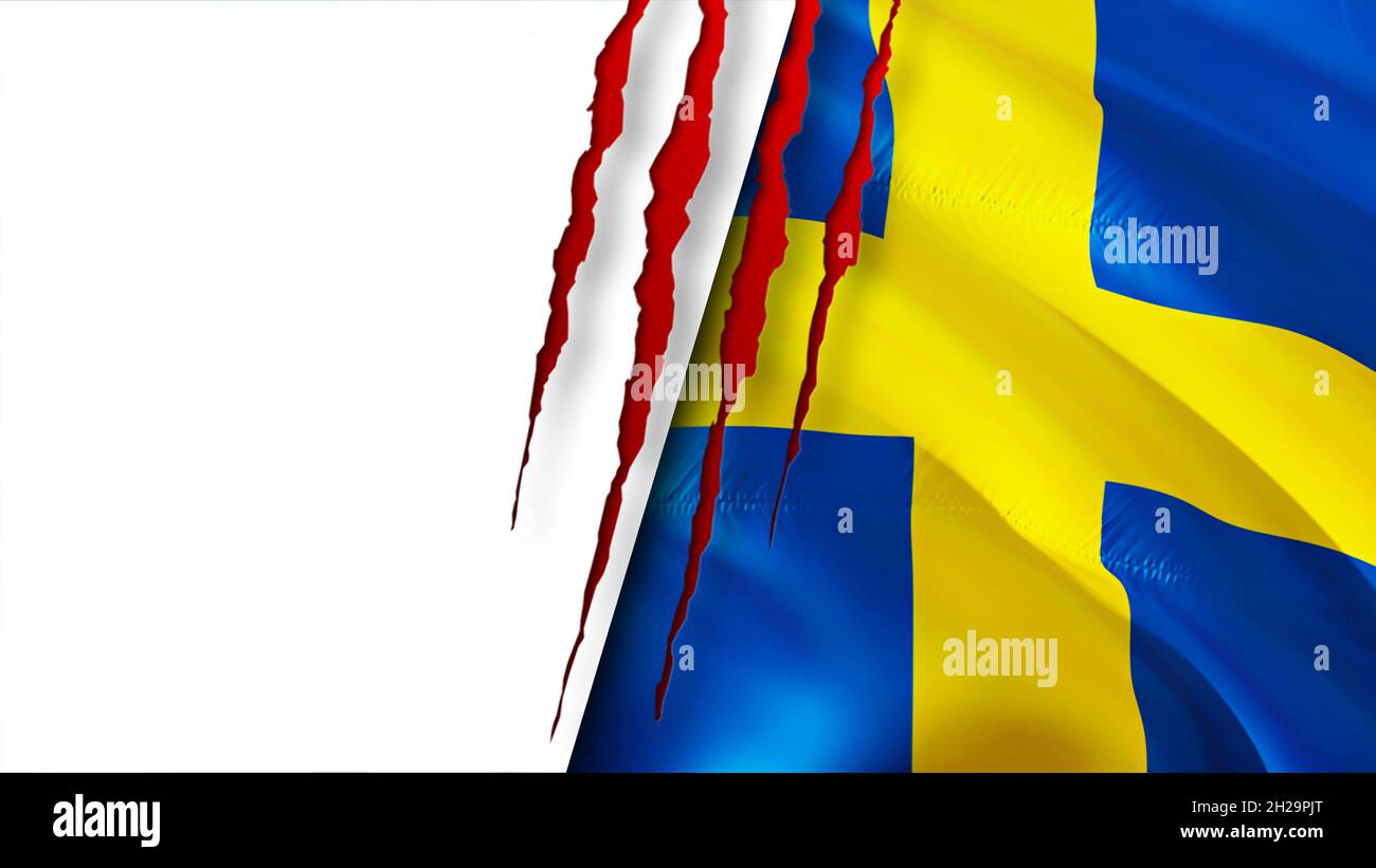 White half and Sweden flags with scar concept. Waving flag,3D rendering ...