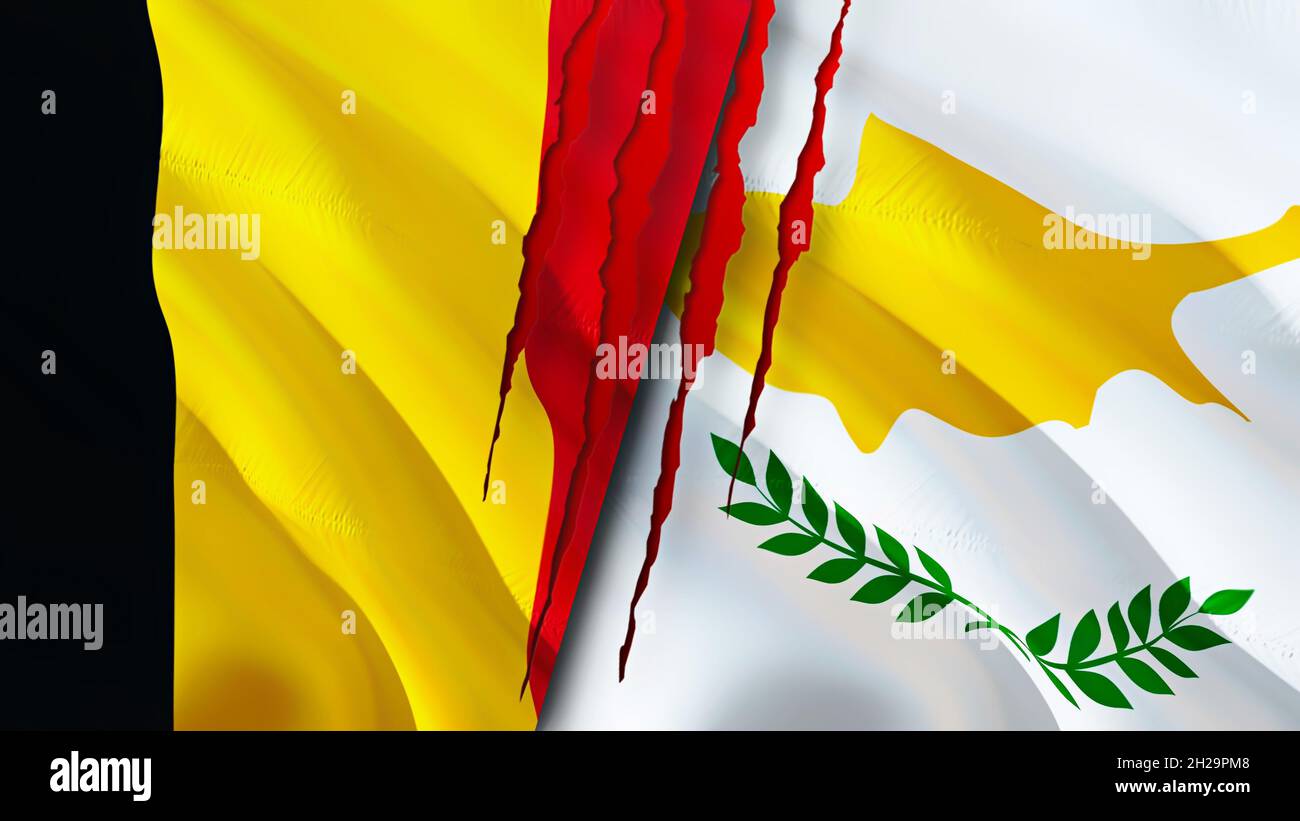 Belgium and Cyprus flags with scar concept. Waving flag,3D rendering ...