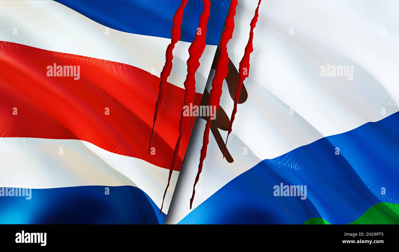 Costa Rica and Lesotho flags with scar concept. Waving flag 3D ...