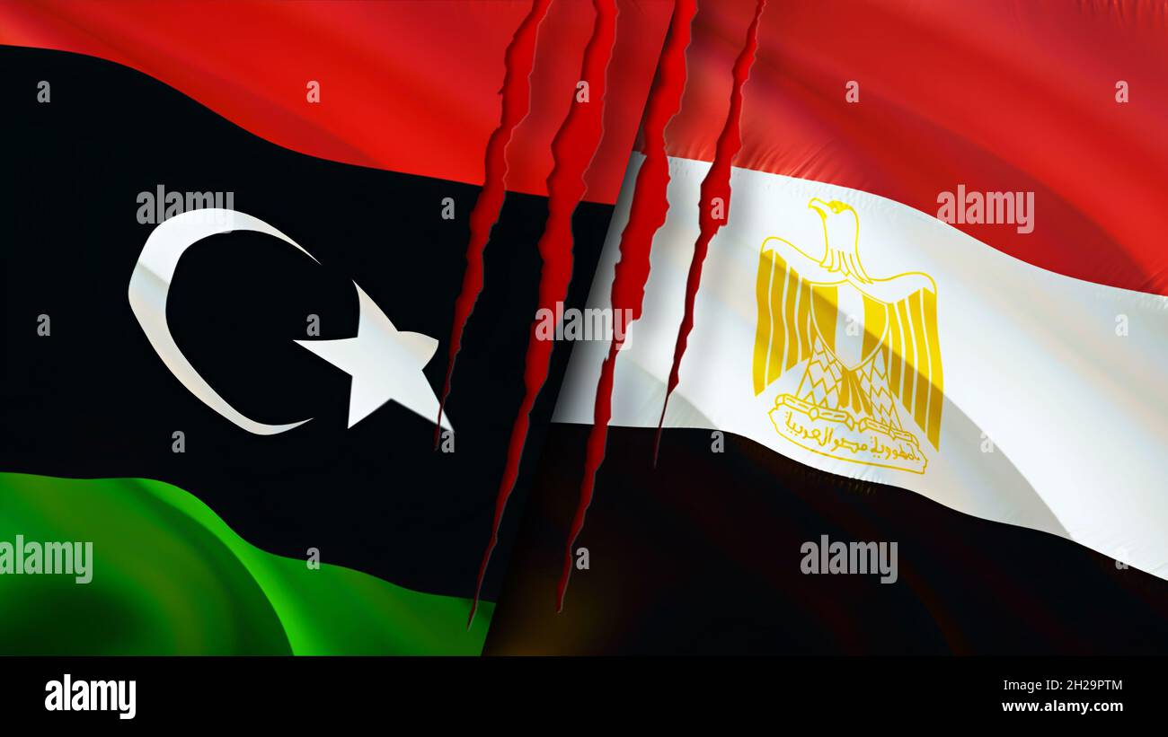 Libya and Egypt flags with scar concept. Waving flag,3D rendering ...