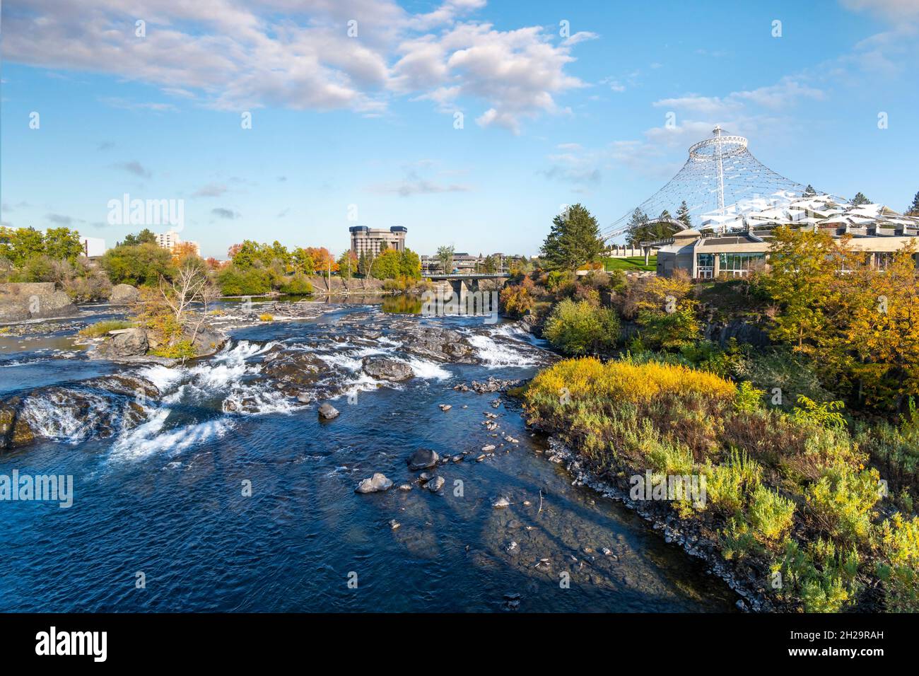 View of the Spokane River near the dam and alongside the pavilion at ...