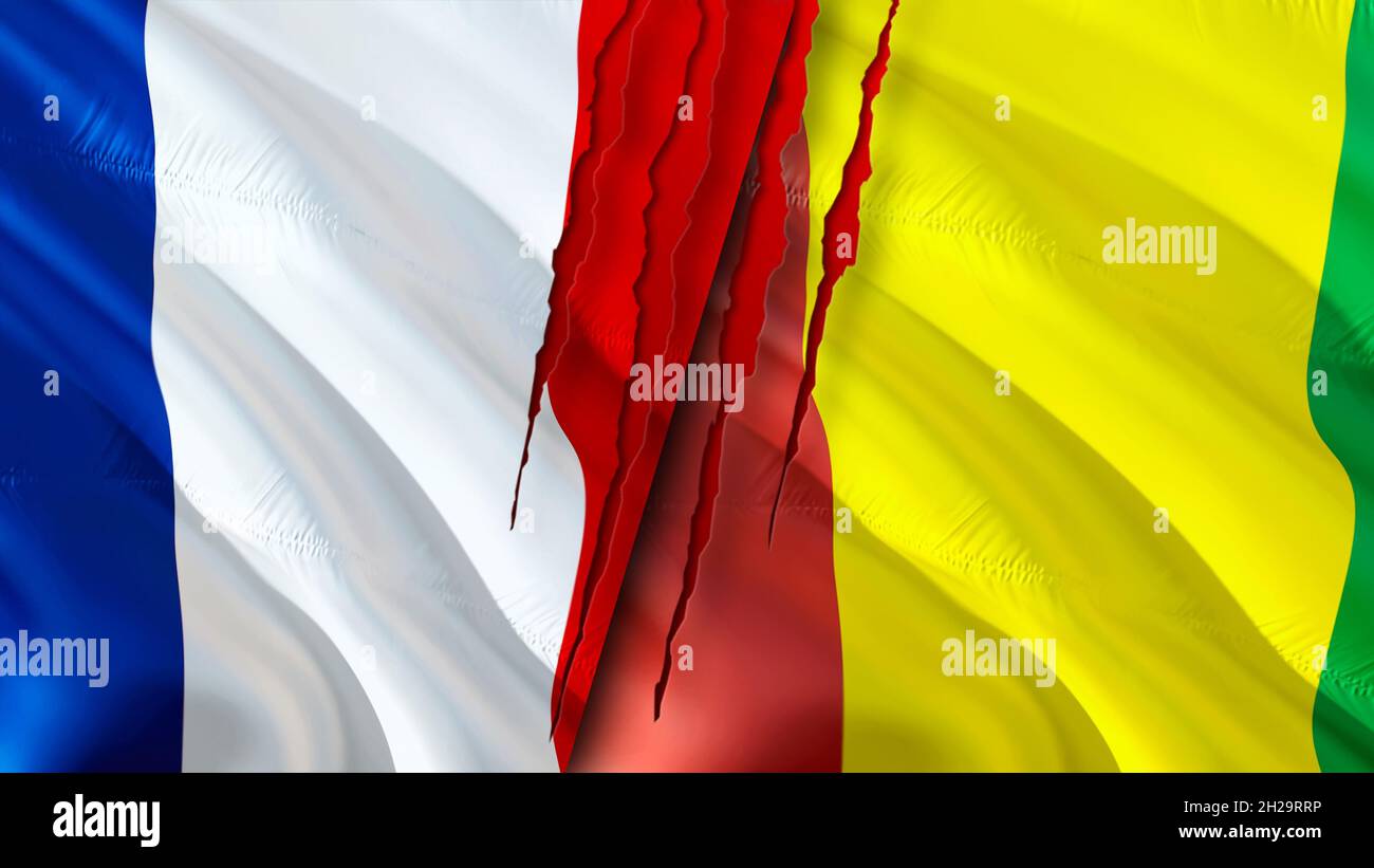 France and Guinea flags with scar concept. Waving flag,3D rendering ...