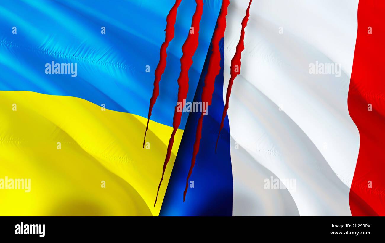 Ukraine and France flags with scar concept. Waving flag,3D rendering ...