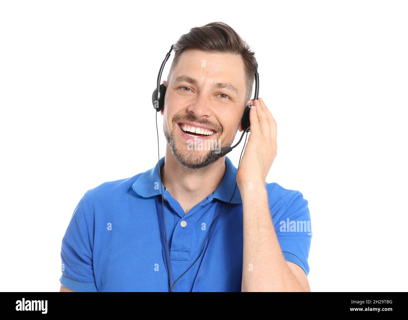 Male technical support operator with headset on white background Stock ...