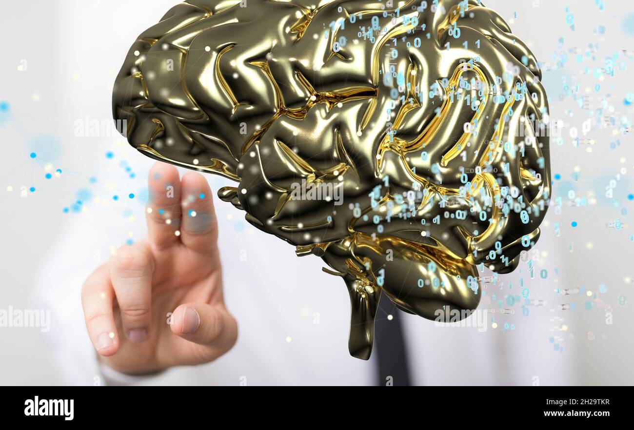 3D rendered gold brain illustration in the male hand Stock Photo - Alamy