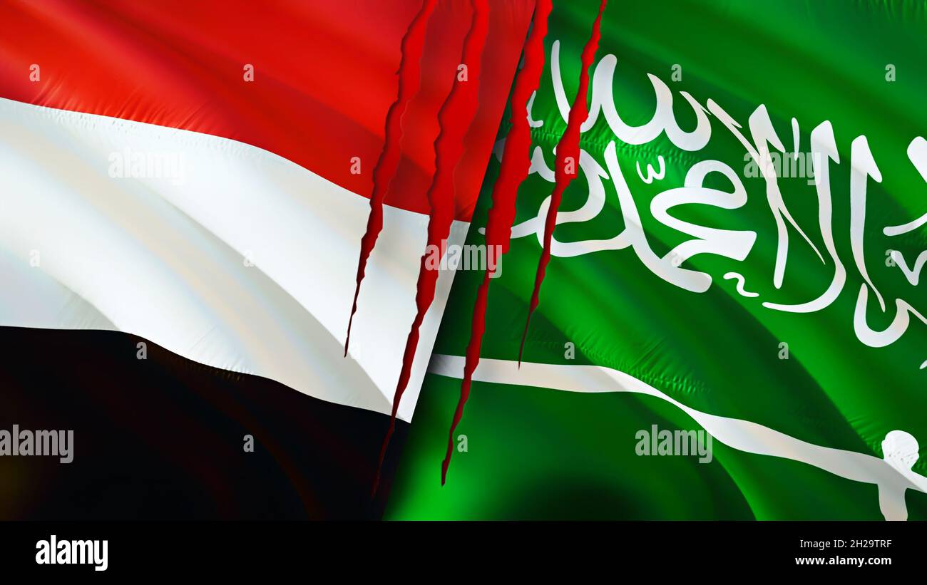 Yemen and Saudi Arabia flags with scar concept. Waving flag,3D ...