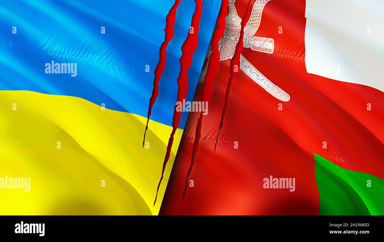Ukraine and Oman flags with scar concept. Waving flag,3D rendering ...