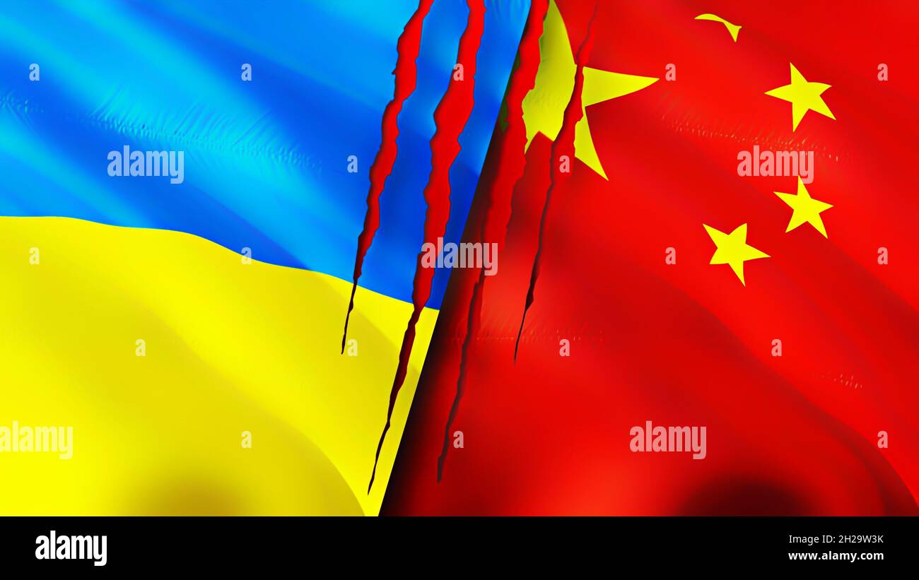 Ukraine and China flags with scar concept. Waving flag,3D rendering ...