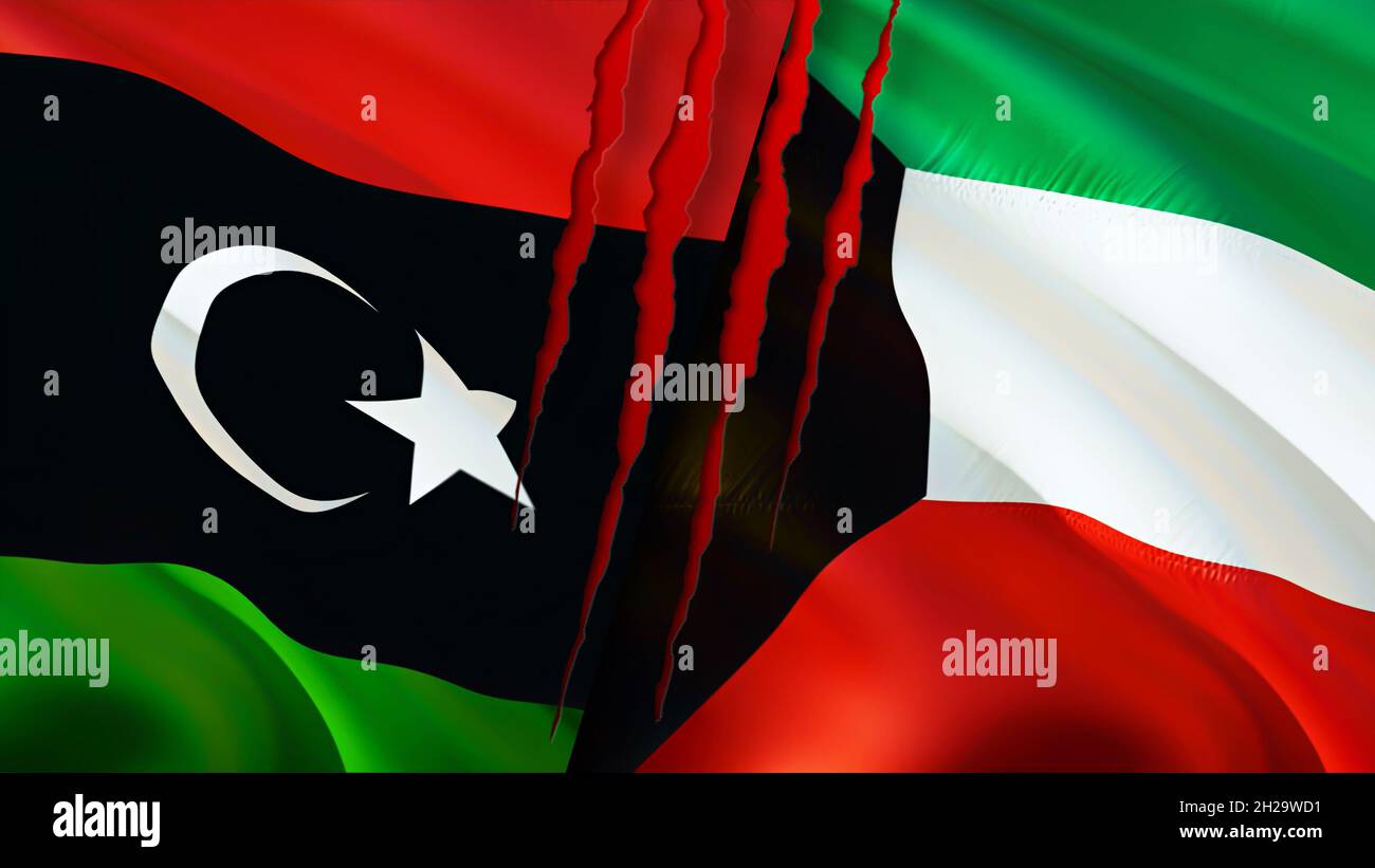 Libya and Kuwait flags with scar concept. Waving flag,3D rendering ...