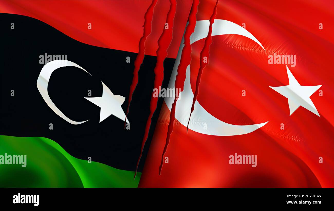 Libya and Turkey flags with scar concept. Waving flag,3D rendering ...
