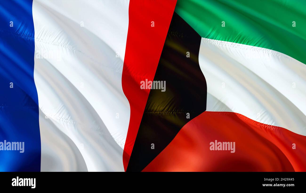 France and Kuwait flags. 3D Waving flag design. France Kuwait flag ...