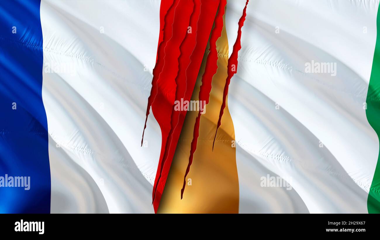 France and Cote d'Ivoire flags with scar concept. Waving flag,3D ...