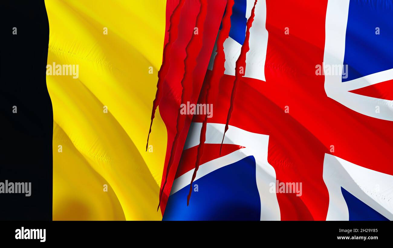 Belgium and United Kingdom flags with scar concept. Waving flag,3D ...