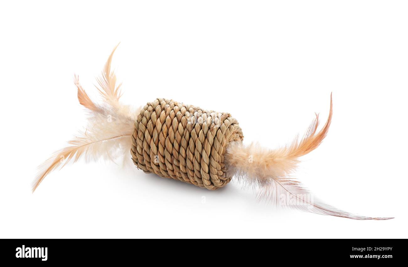 Straw toy with feathers for cat on white background. Pet accessory ...