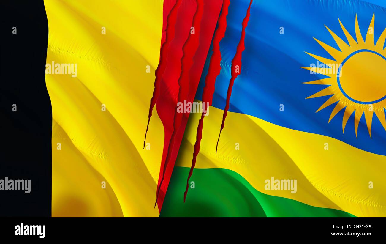 Belgium and Rwanda flags with scar concept. Waving flag,3D rendering ...