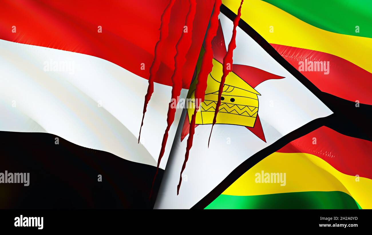 Yemen and Zimbabwe flags with scar concept. Waving flag,3D rendering ...