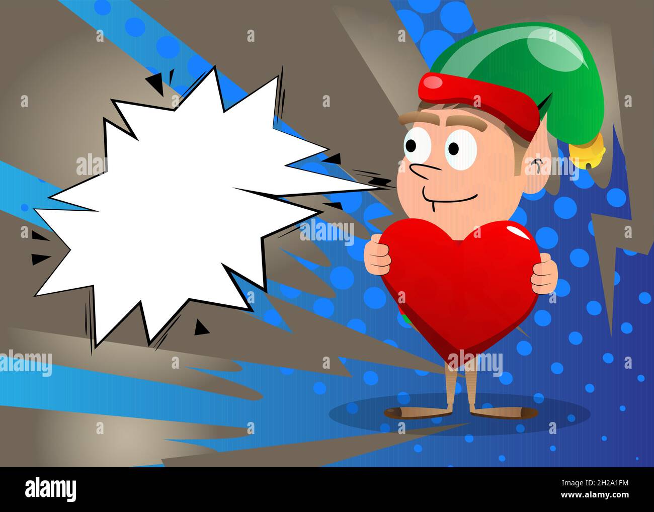Christmas Elf hugging big red heart. Vector cartoon character ...