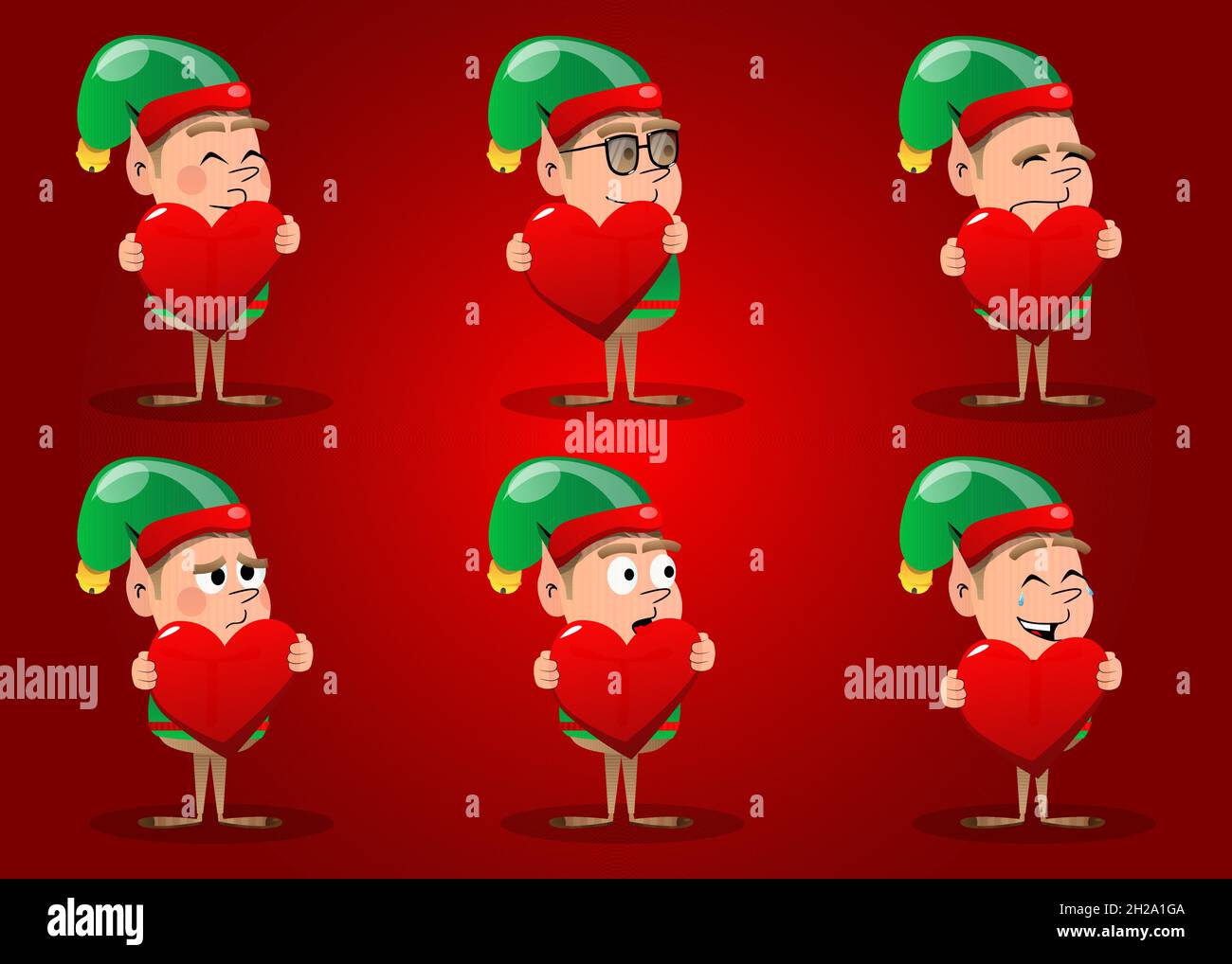 Christmas Elf hugging big red heart. Vector cartoon character ...