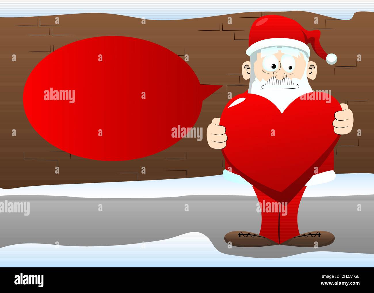 Santa Claus in his red clothes with white beard hugging big red heart ...