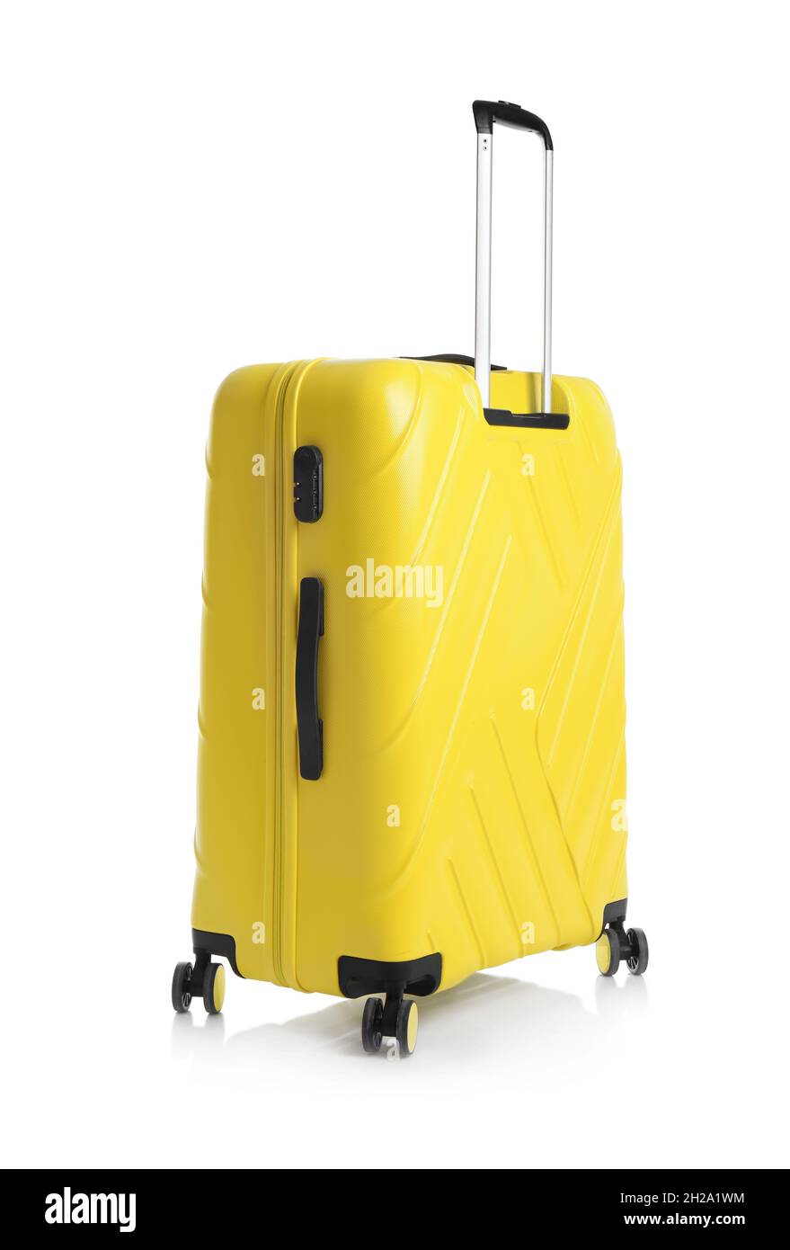 Yellow suitcase for travelling on white background Stock Photo - Alamy