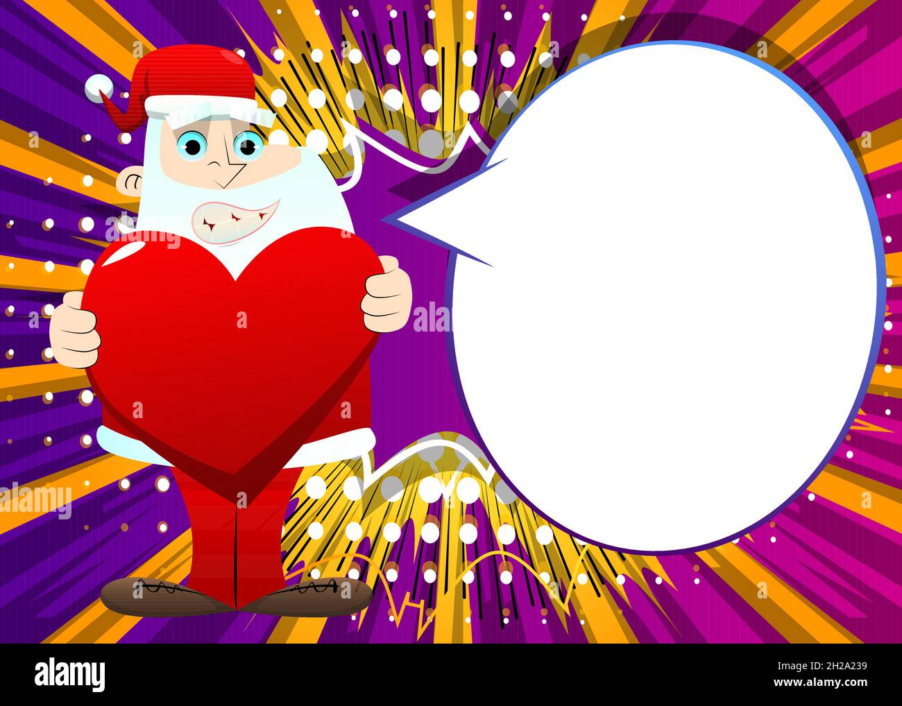 Santa Claus in his red clothes with white beard hugging big red heart ...