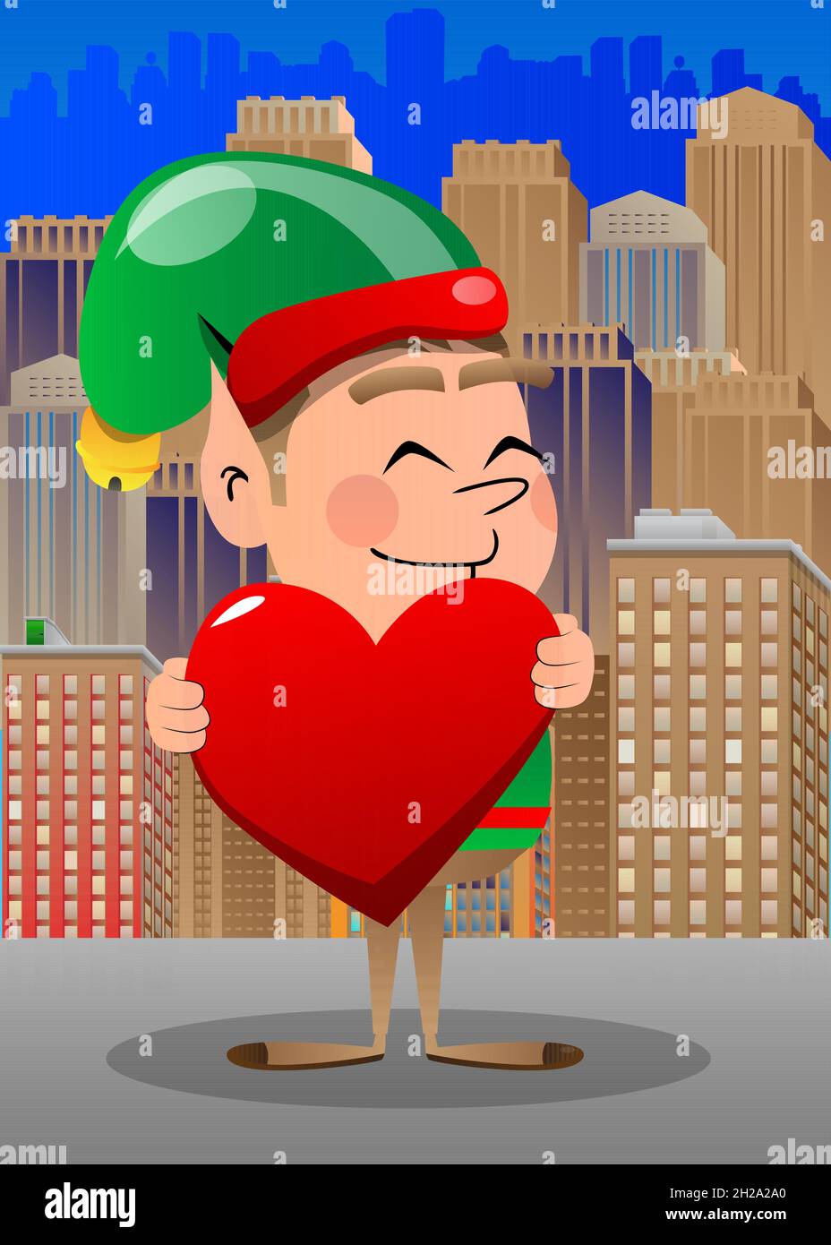 Christmas Elf hugging big red heart. Vector cartoon character ...