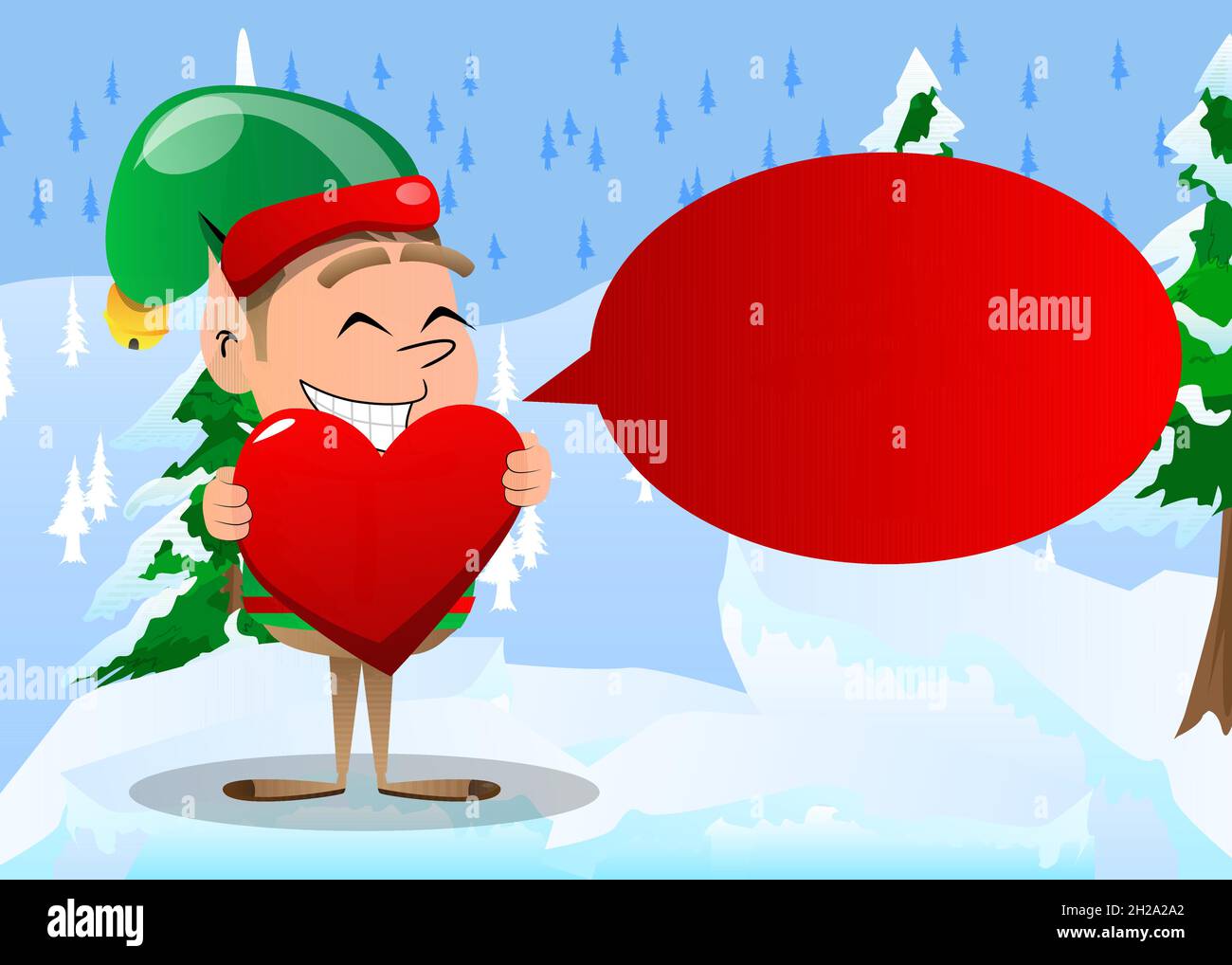 Christmas Elf hugging big red heart. Vector cartoon character ...
