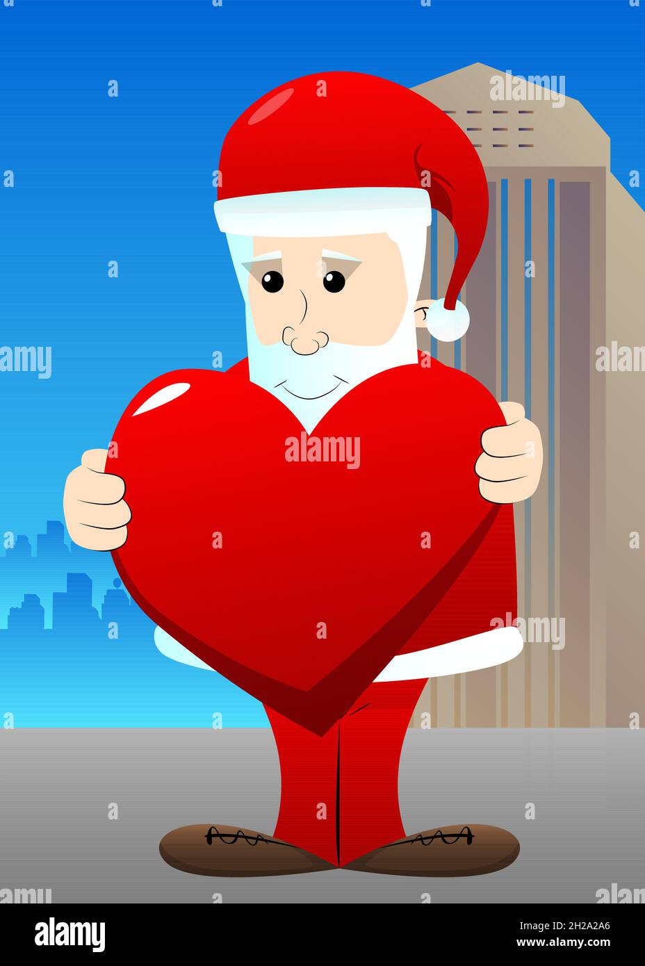 Santa Claus in his red clothes with white beard hugging big red heart ...