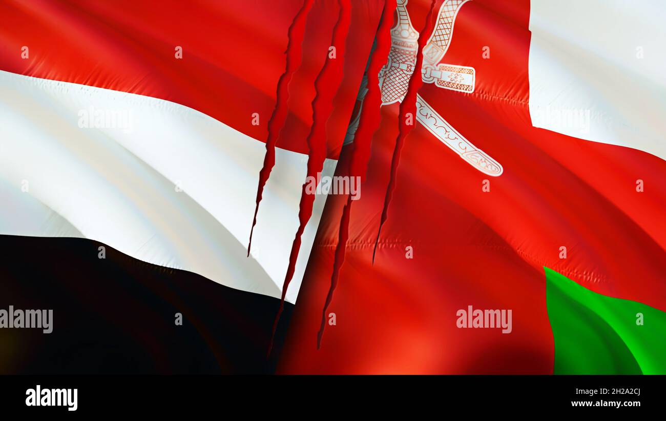 Yemen and Oman flags with scar concept. Waving flag,3D rendering. Yemen ...