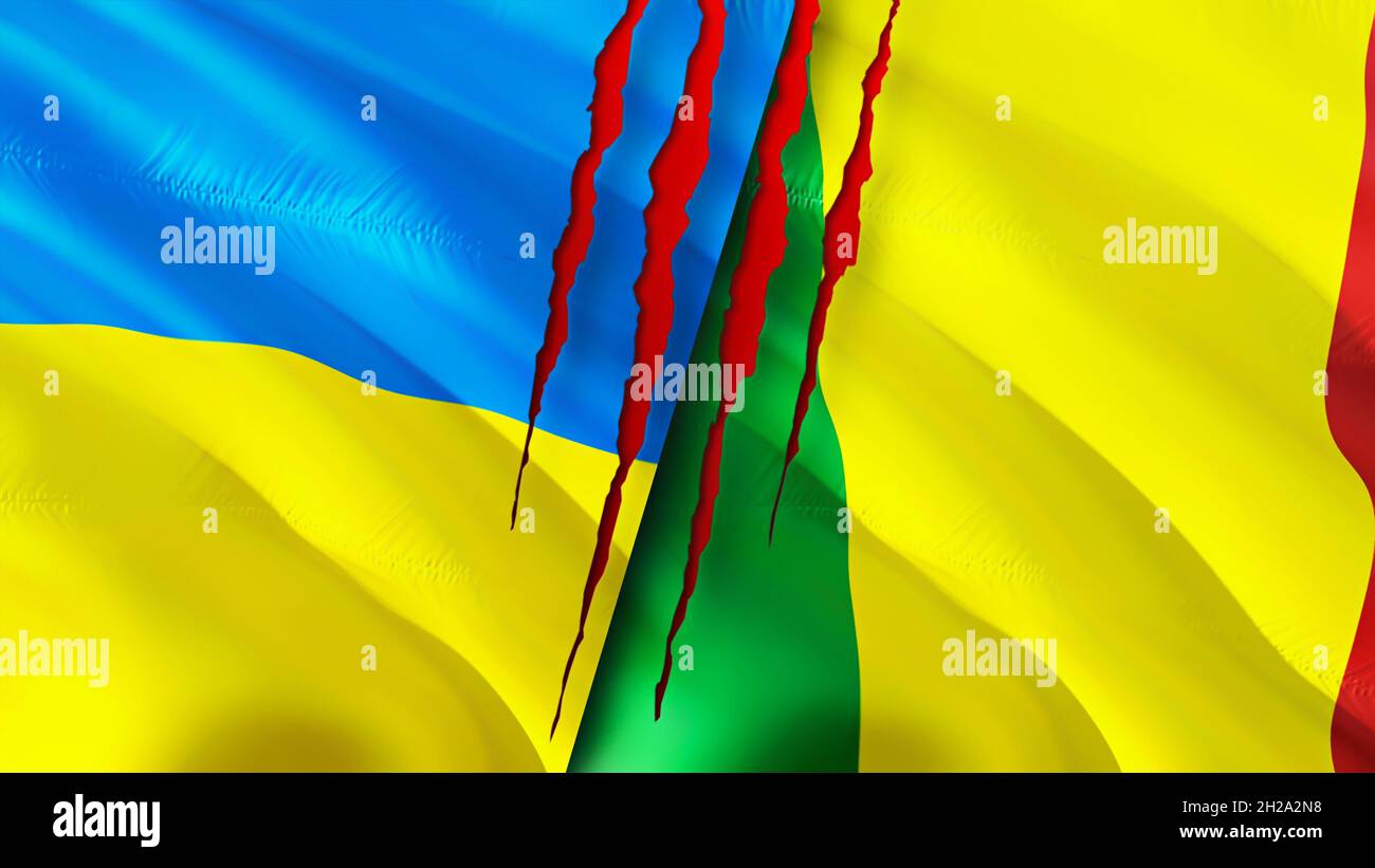 Ukraine and Mali flags with scar concept. Waving flag,3D rendering ...