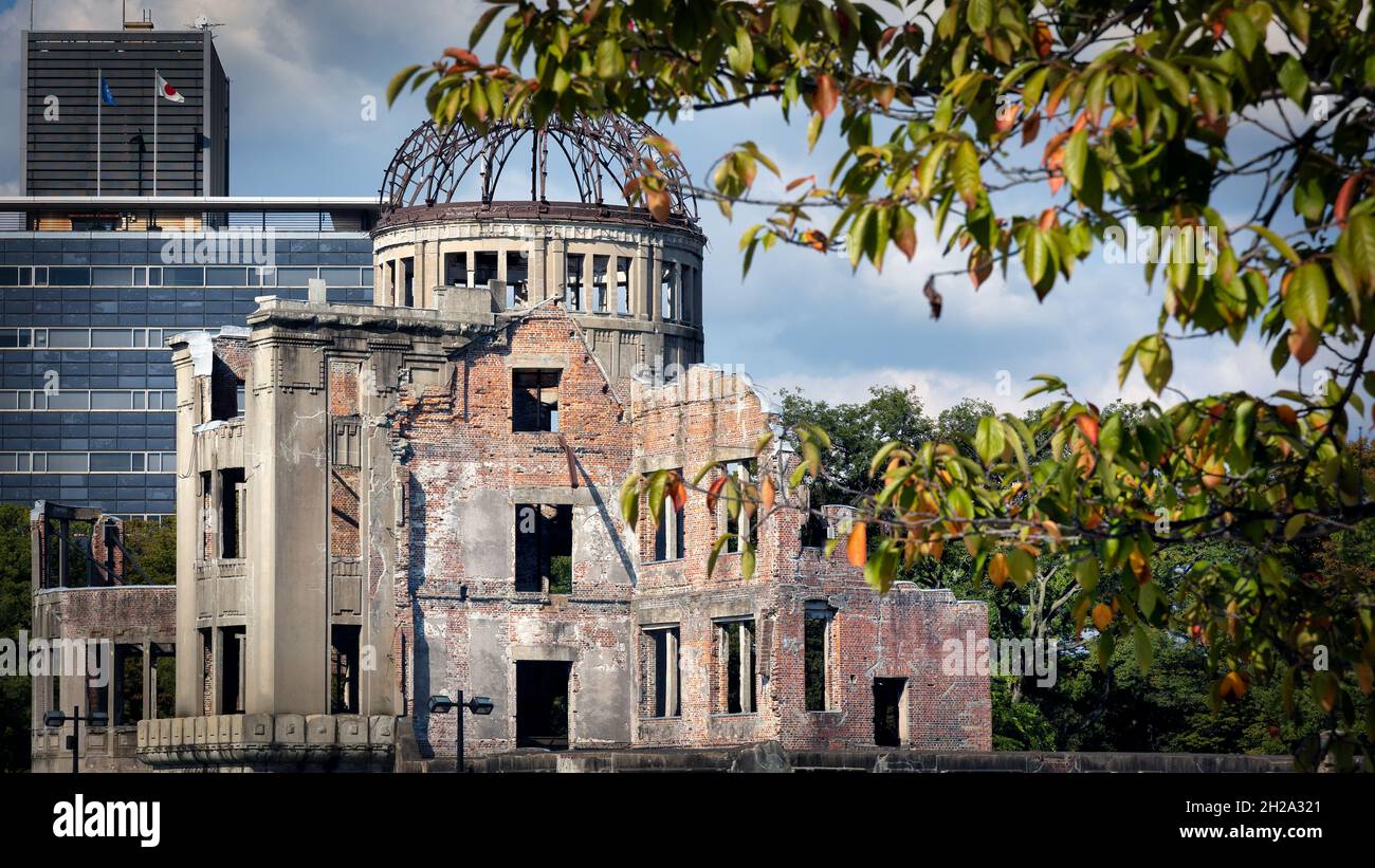 A view through the trees of the ruins of the Genbaku Dome, or Atomic ...