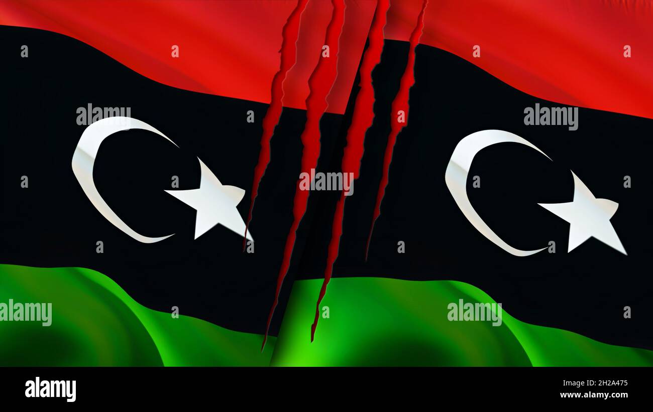 Libya and Libya flags with scar concept. Waving flag,3D rendering ...