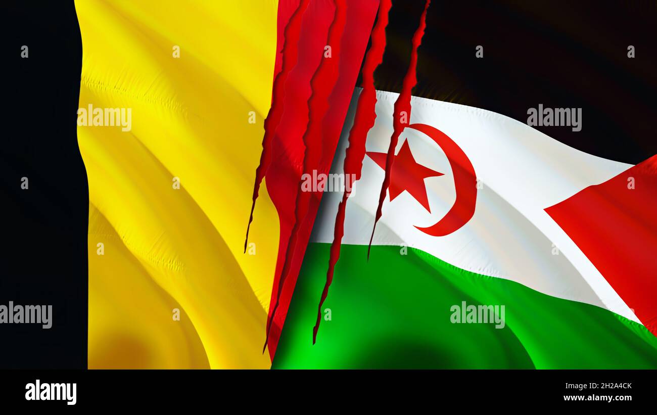 Belgium and Western Sahara flags with scar concept. Waving flag,3D ...