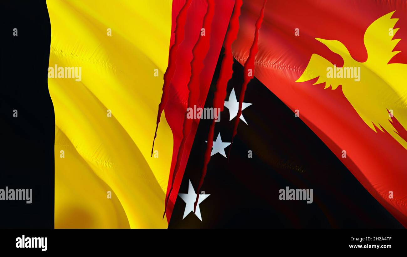 Belgium and Papua New Guinea flags with scar concept. Waving flag,3D ...