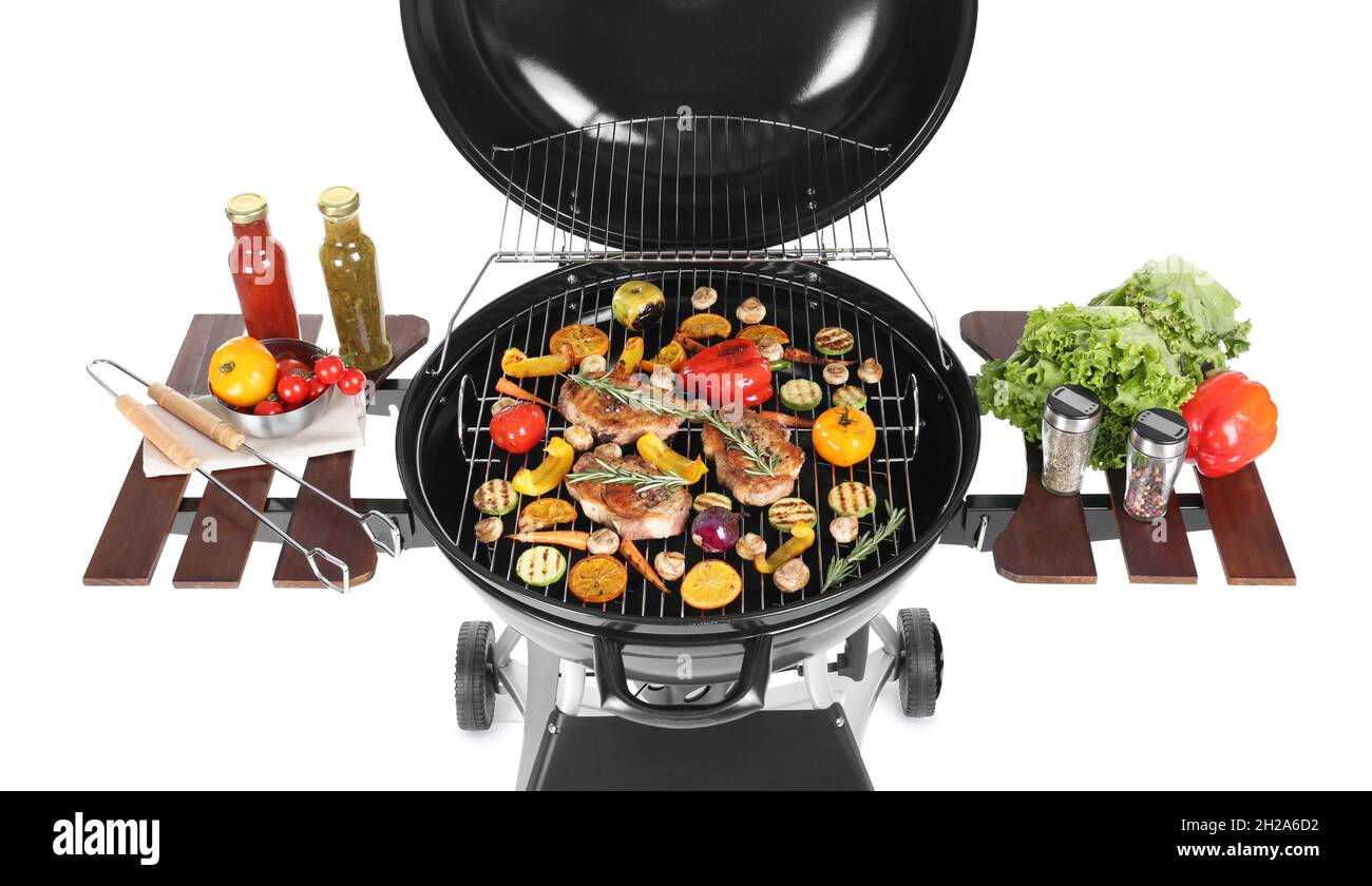 Modern barbecue grill with tasty food on white background Stock Photo ...