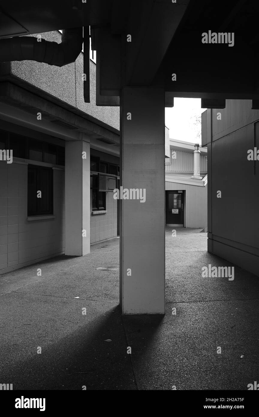 Grayscale of a narrow corridor between buildings Stock Photo - Alamy