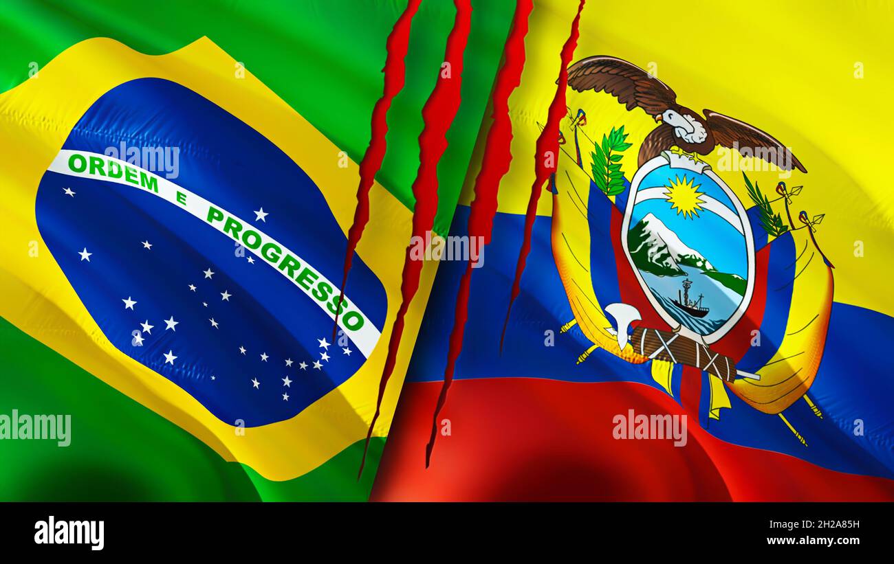 Brazil and Ecuador flags with scar concept. Waving flag 3D rendering ...