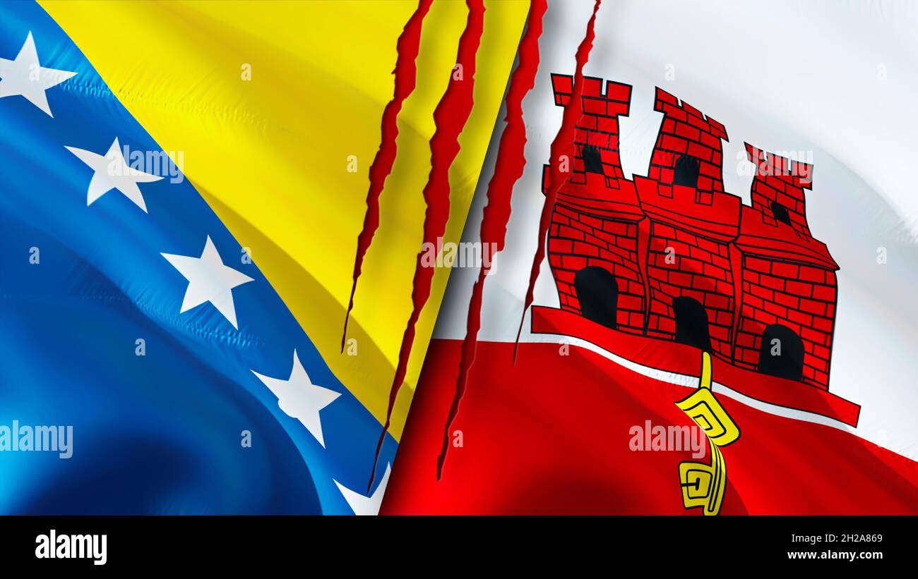 Bosnia and Gibraltar flags with scar concept. Waving flag,3D rendering ...