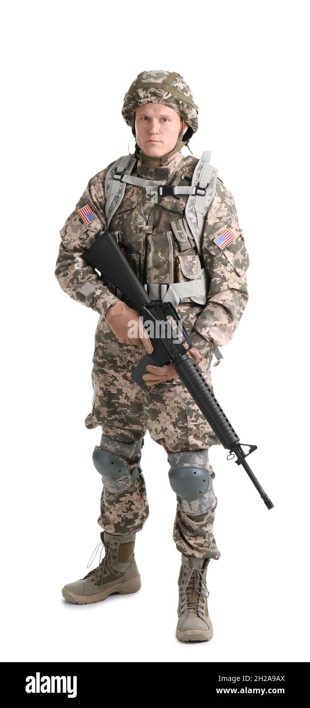 Male soldier with machine gun on white background. Military service ...