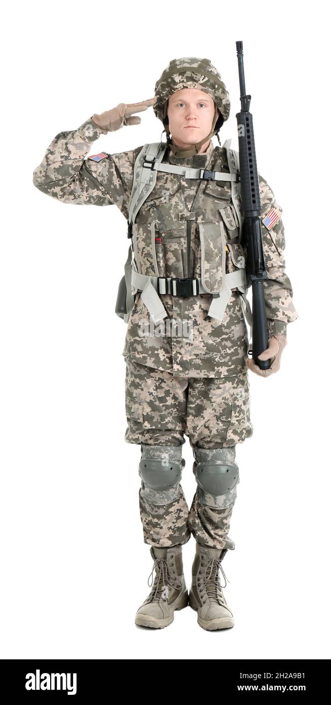 Male soldier with machine gun on white background. Military service ...