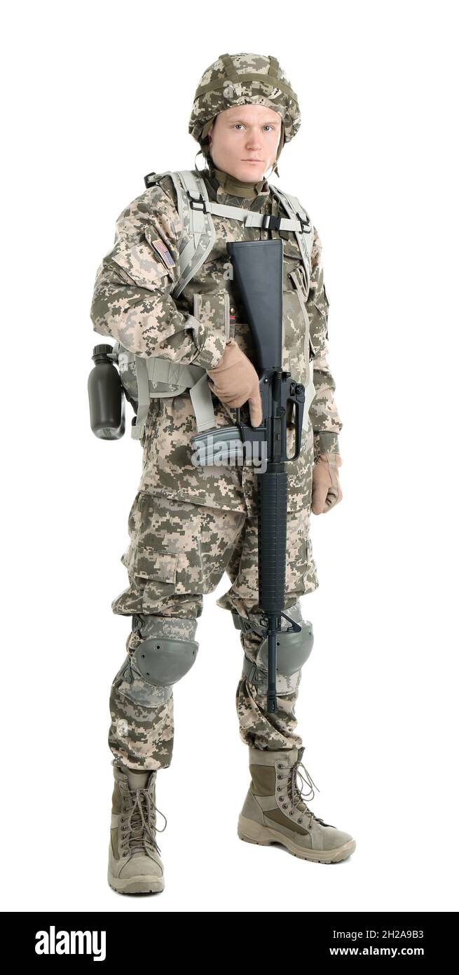 Male soldier with machine gun on white background. Military service ...