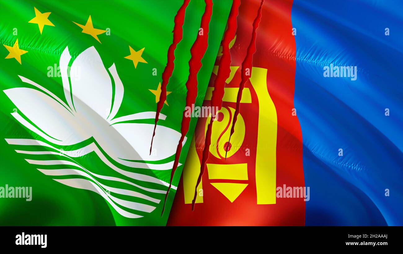 Macau and Mongolia flags with scar concept. Waving flag,3D rendering ...