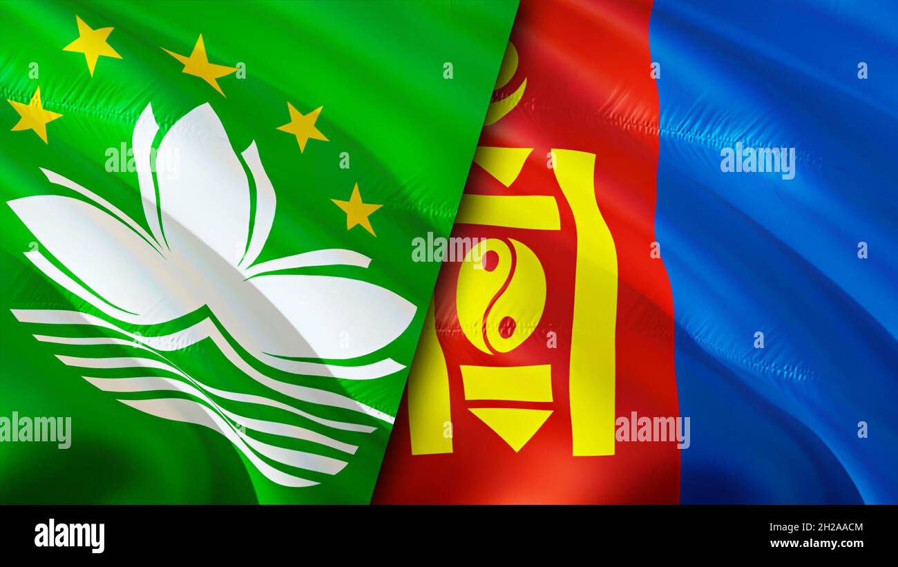 Macau and Mongolia flags. 3D Waving flag design. Macau Mongolia flag ...