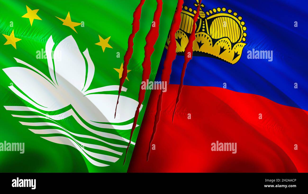 Macau and Liechtenstein flags with scar concept. Waving flag,3D ...