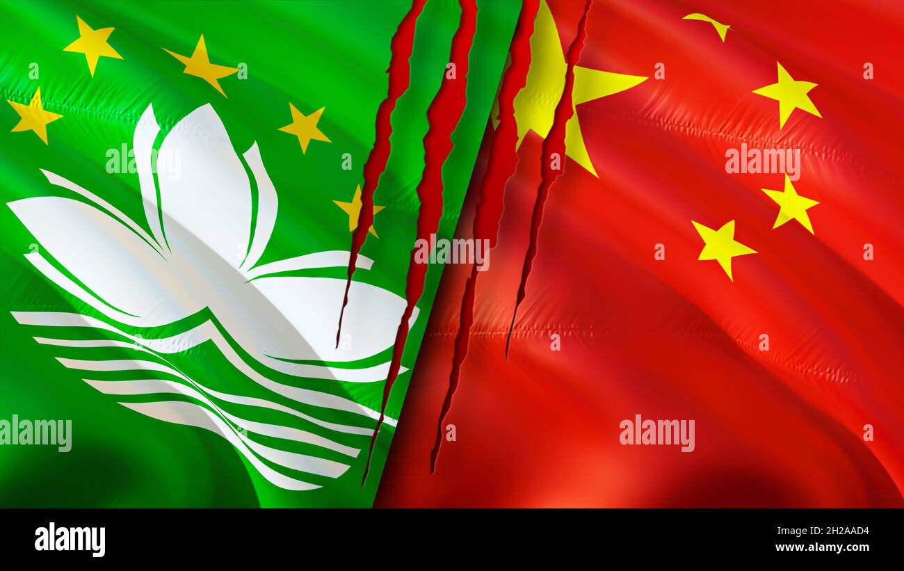 Macau and China flags with scar concept. Waving flag,3D rendering ...