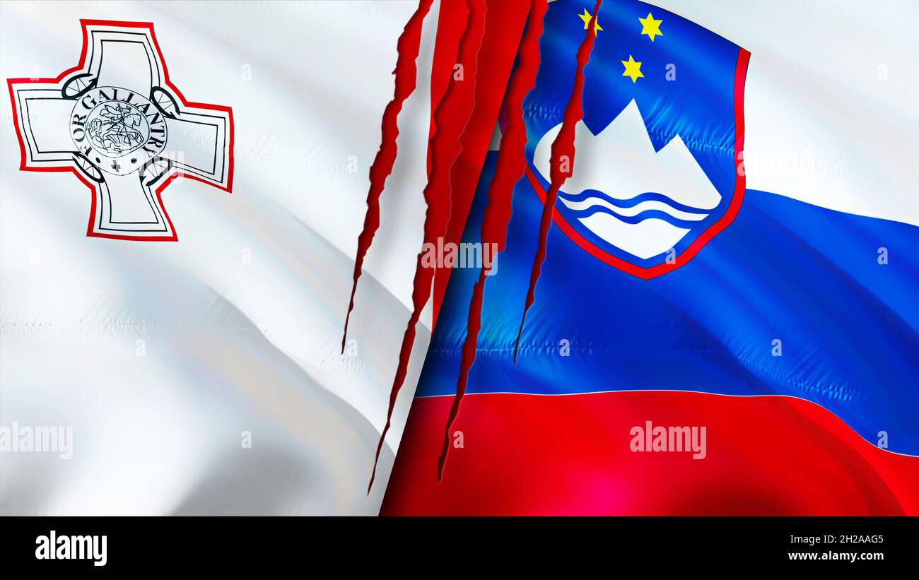 Malta and Slovenia flags with scar concept. Waving flag,3D rendering ...