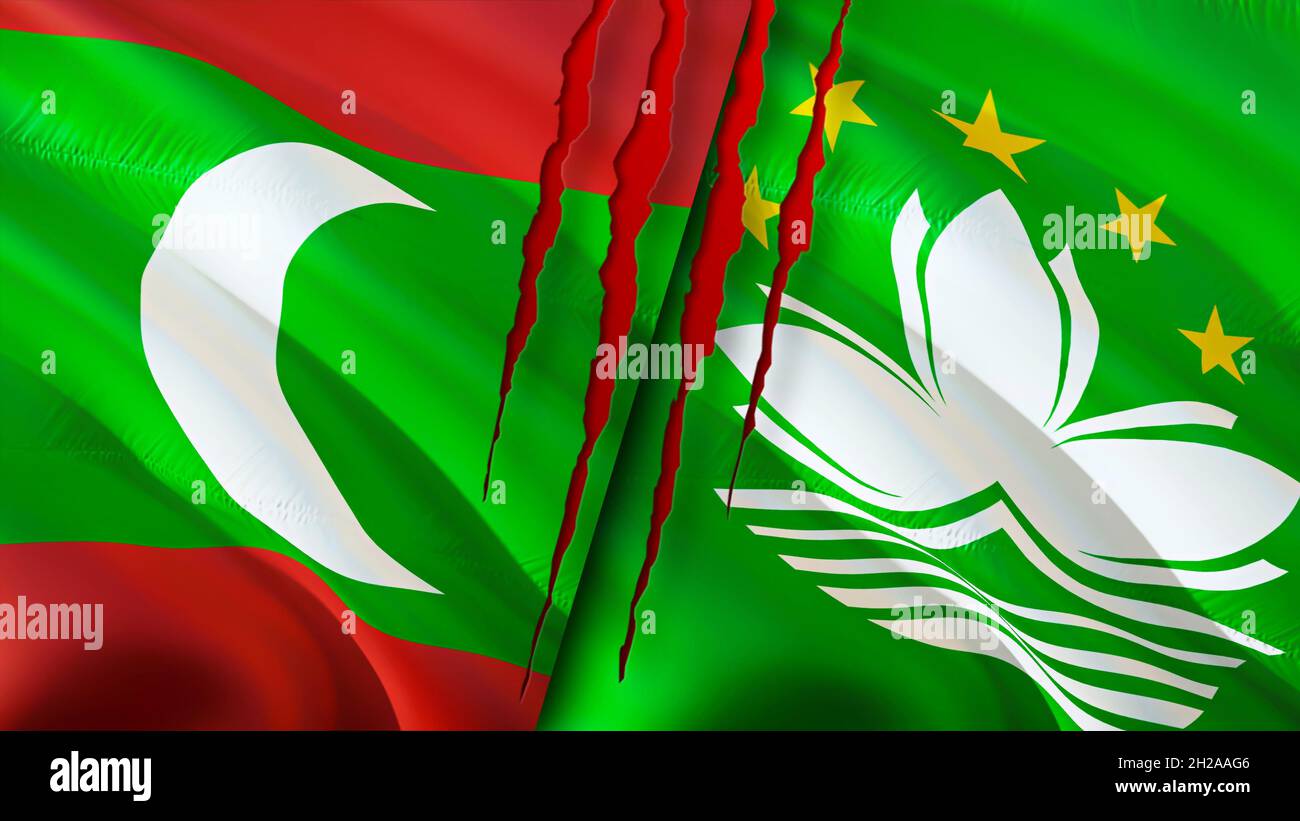 Maldives and Macau flags with scar concept. Waving flag,3D rendering ...