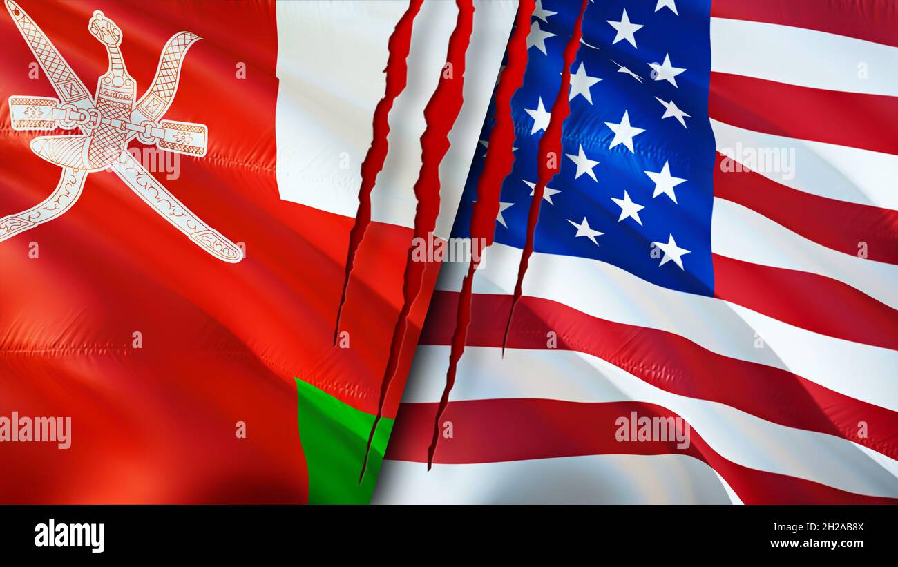 Oman and USA flags with scar concept. Waving flag,3D rendering. USA and ...